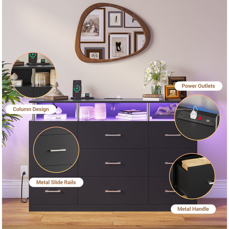 Wrought Studio 9 Drawer Dresser with Charging Station LED Chest of Drawers with Column Design and Open Storage Space Wayfair